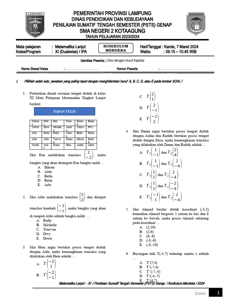 Soal PTS Genap MTK TL 2024 | PDF