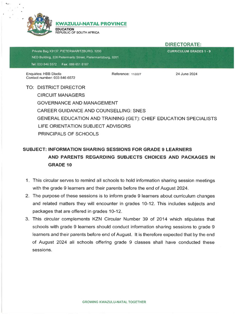 Information Sharing Sessions For Grade 9 Learners and Parents Regarding ...