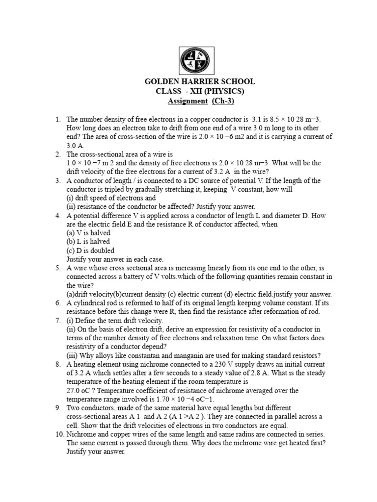 Class - XII Physics Assignment - 6 (Ch-3) 2024-25 | PDF | Electrical ...