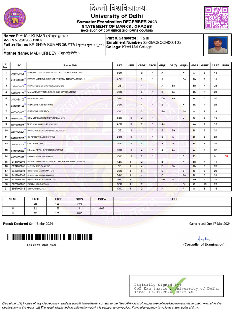 University of Delhi: Semester Examination DECEMBER 2023 Statement of ...
