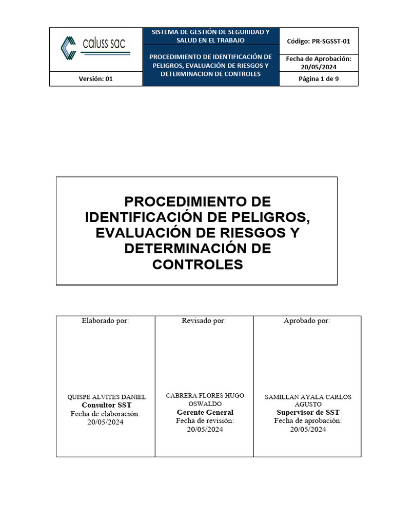 Pr-sst-01 Procedimiento de Identificación de Peligros^j Evaluación de Riesgos y Determinación de ...
