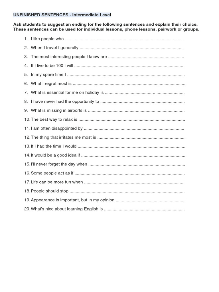 Finish The Sentence Speaking Inter | PDF | Foreign Language Studies ...