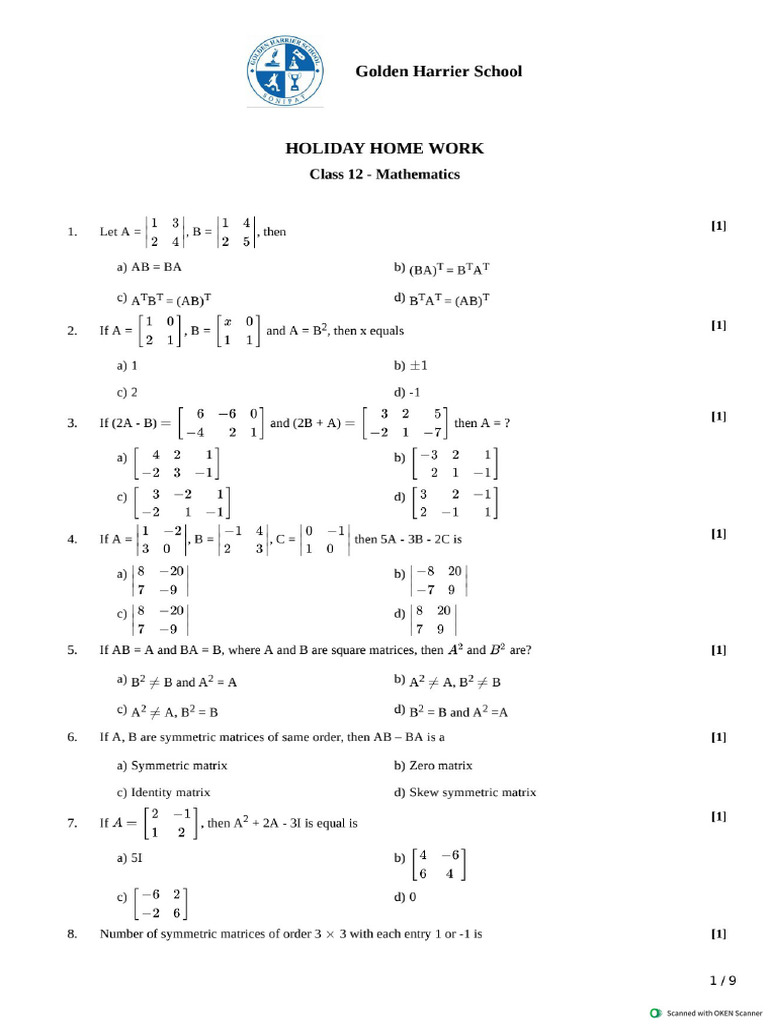 Class-12th (MATHS) MCQ Assign. | PDF
