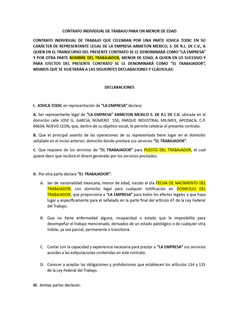 Contrato Laboral para Menor de Edad | PDF | Personal