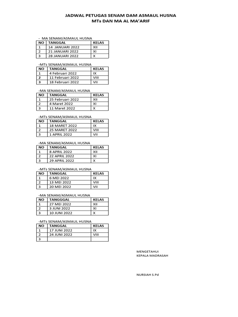 Jadwal Senam Asmaul Husna 2023-2024 | PDF