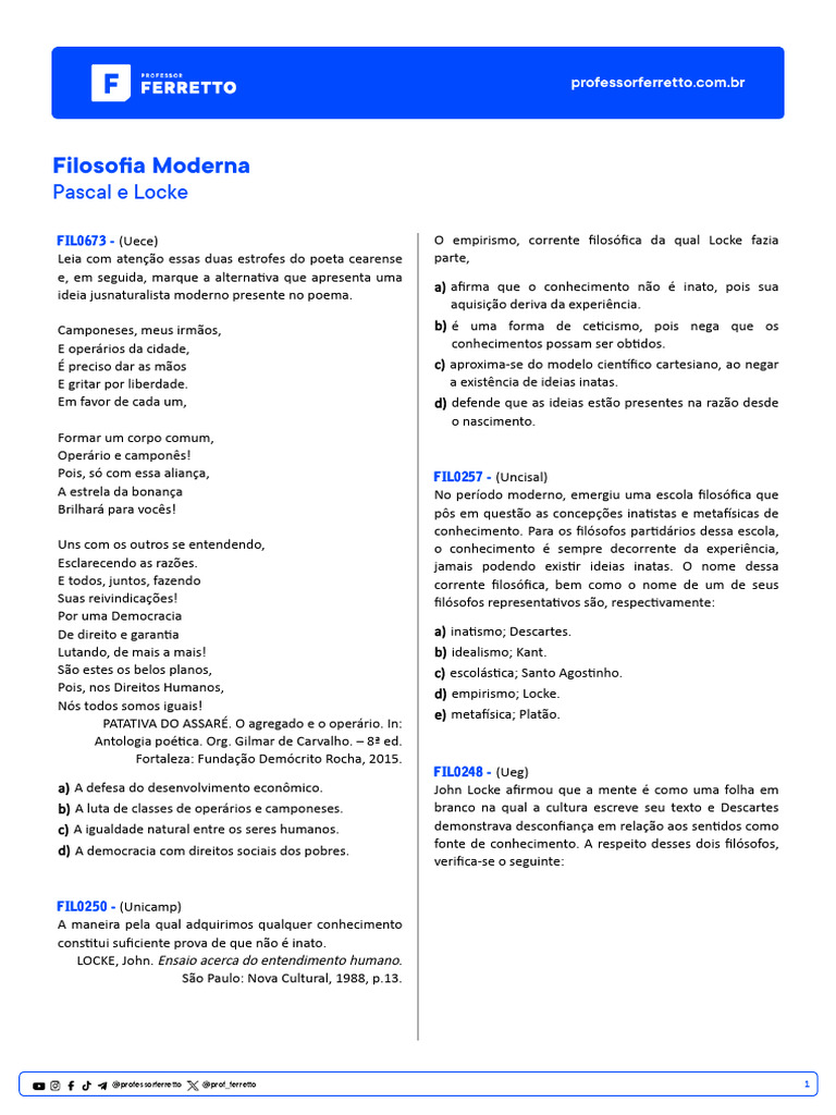 Questions Filosofia Filosofia-Moderna Pascal-E-Locke | PDF | John Locke ...