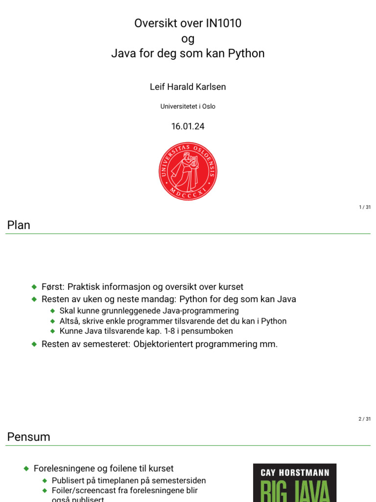 Oversikt Over IN1010 Og Java For Deg Som Kan Python: Leif Harald ...