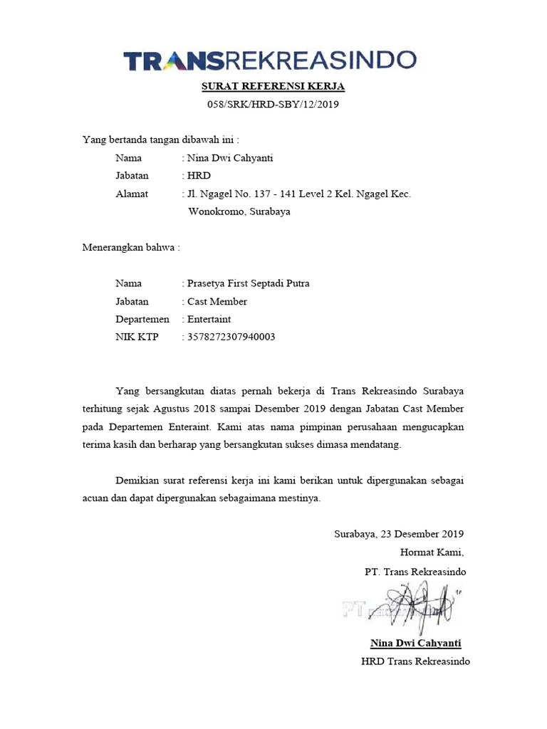 Contoh Surat Referensi Kerja | PDF