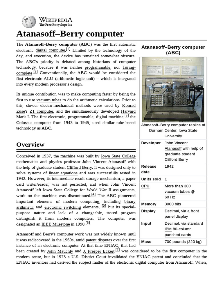 Atanasoff-Berry Computer Overview | PDF | Electrical Engineering ...
