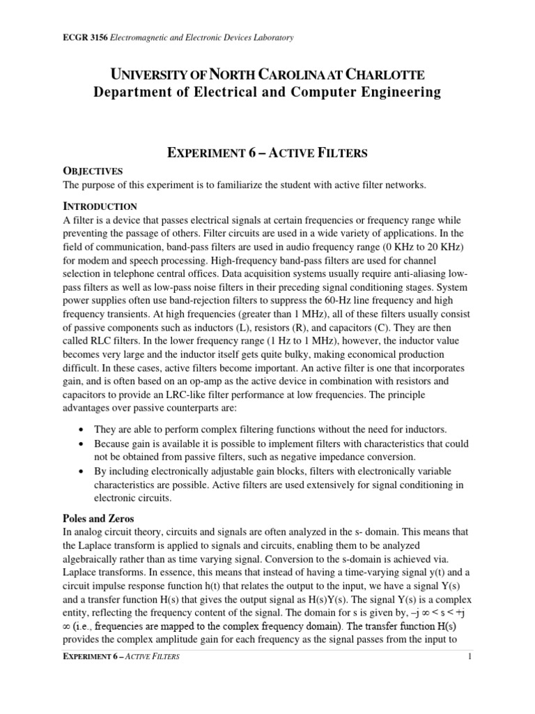 Ecgr3156 Experiment 6 Active Filters Pdf Electronic Filter Electrical Network