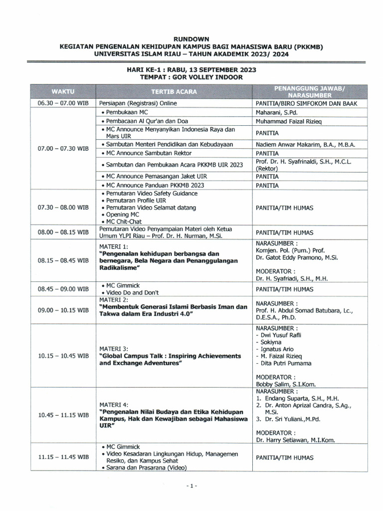 Rundown Kegiatan PKKMB Bagi Mahasiswa Baru Uir Ta. 2023-2024 | PDF