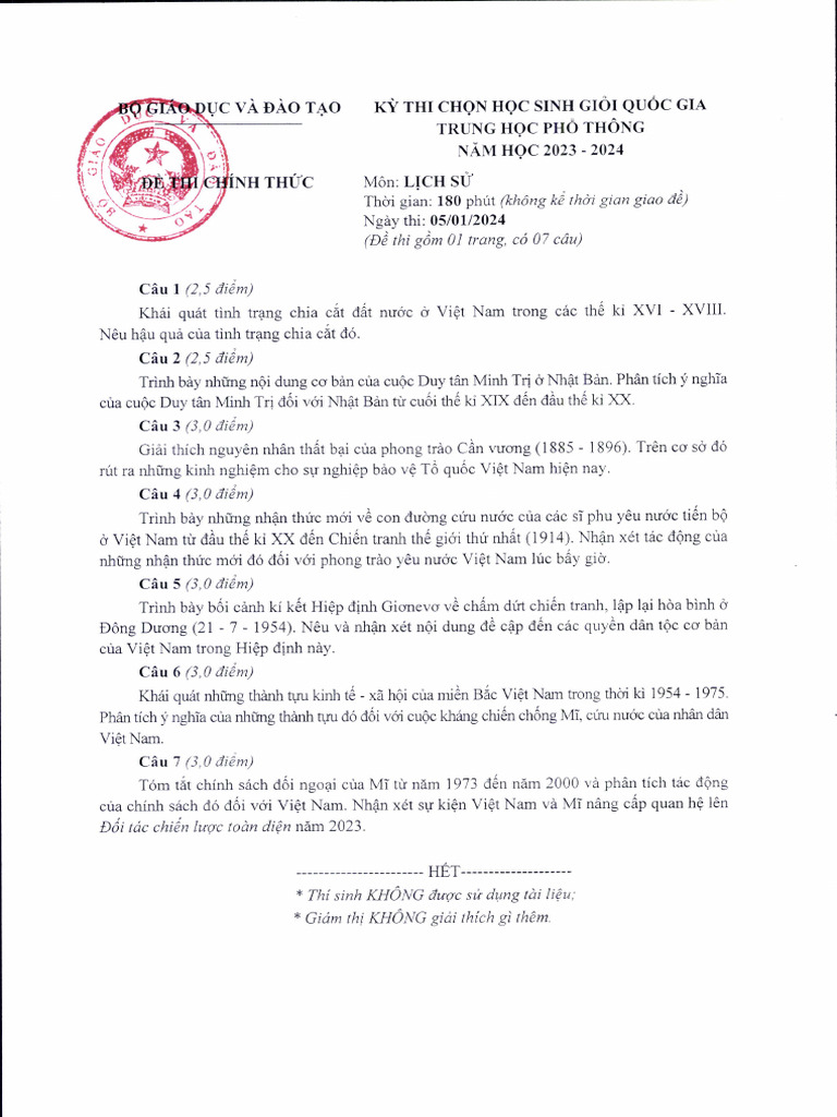 De Thi Chon Hoc Sinh Gioi Quoc Gia THPT Mon Lich Su Nam 2023 2024 | PDF