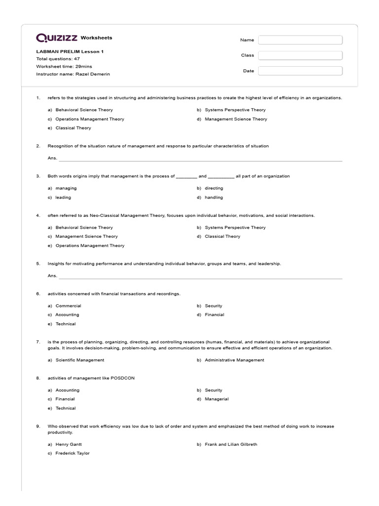 LABMAN PRELIM Lesson 1 - Quizizz | PDF | Science | Operations Management