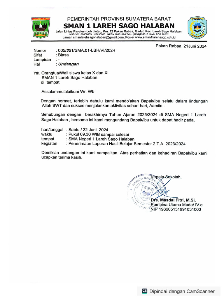 Surat Undangan Penerimaan Rapor | PDF