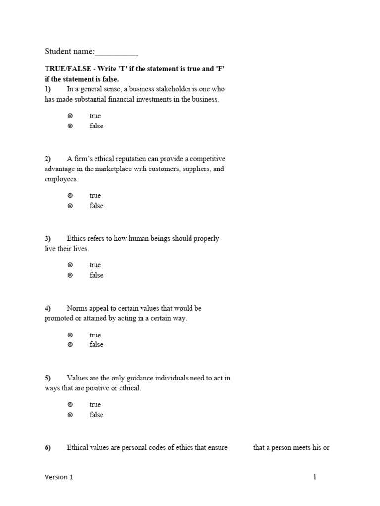 Student Name: - : TRUE/FALSE - Write 'T' If The Statement Is True and 'F' If The Statement Is ...