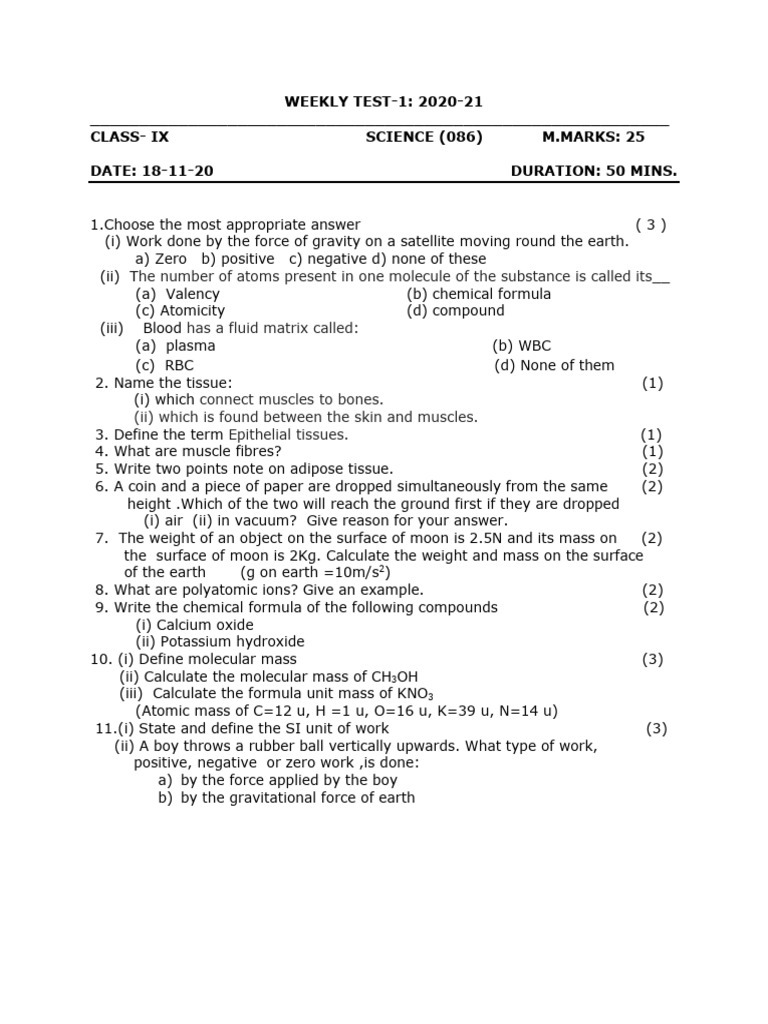 Weekly Test Science Grade 9.18.nov | PDF | Mass | Molecules