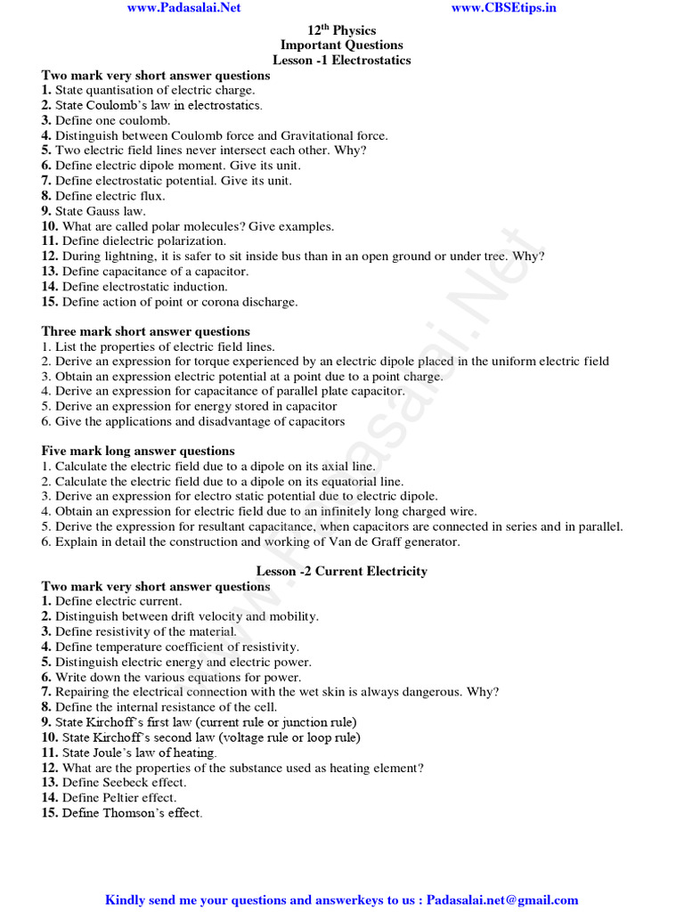 Important Physics Questions: Electrostatics & Current Electricity | PDF | Inductance ...