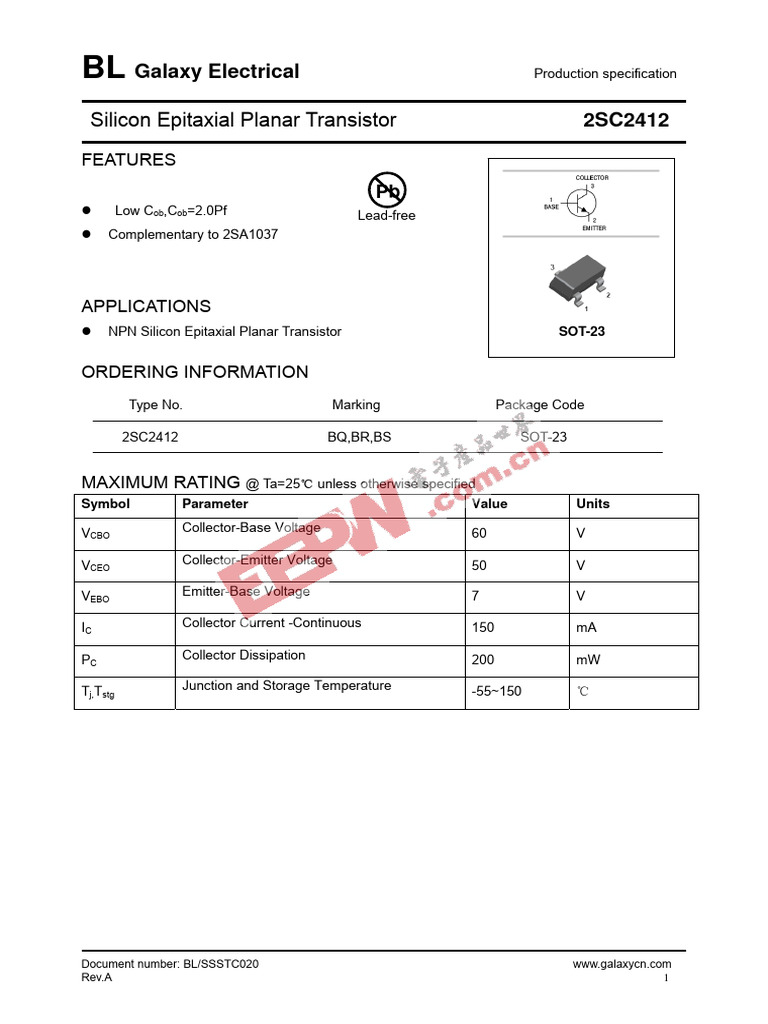 Silicon Epitaxial Planar Transistor 2SC2412 | PDF | Bipolar Junction ...