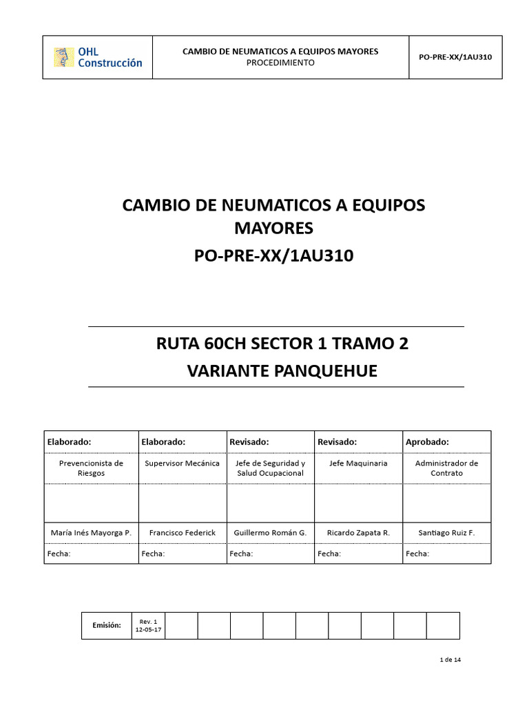 PO-PRE-XX 1AU310 Proc. Cambio de Neumatico A Equipo Mayores TIPO Rev.1 ... PO-PRE-XX 1AU310 Proc. Cambio de Neumatico A Equipo Mayores TIPO Rev.1 ...