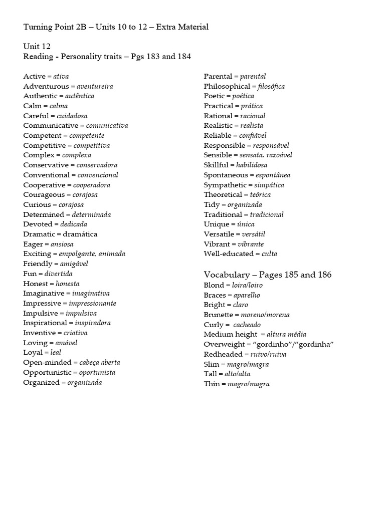 Turning Point 2B - Unit 12 - Reading - Personality Traits (CU DA BUCETA ...