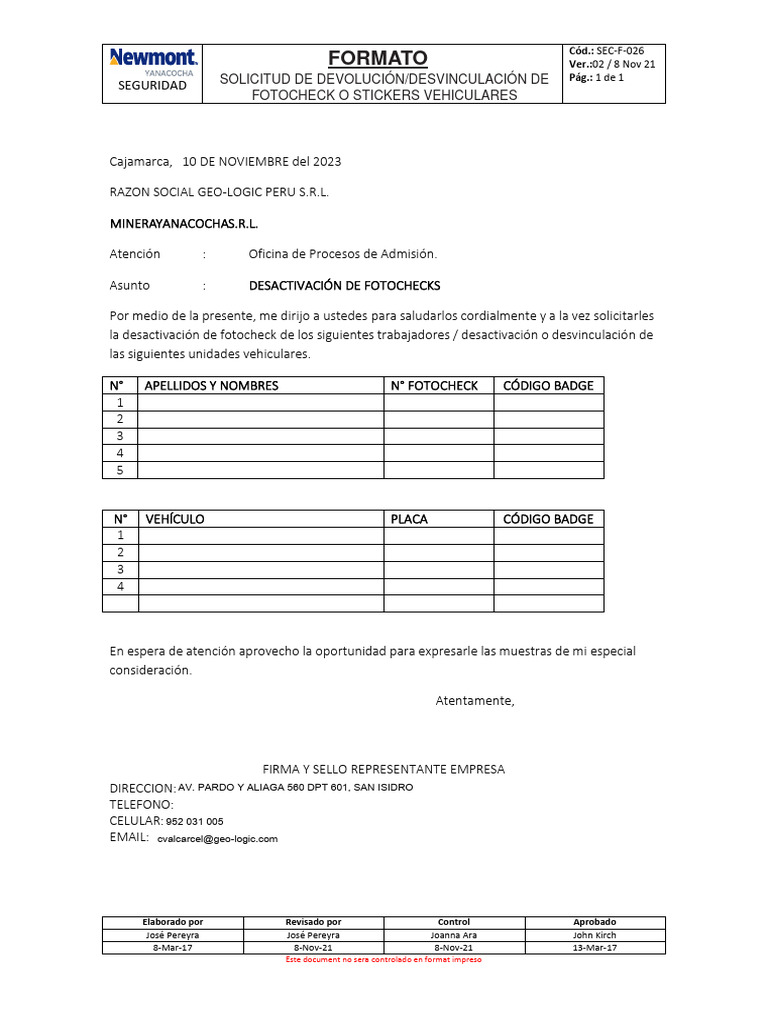 Solicitud de Desactivación de Fotochecks | PDF