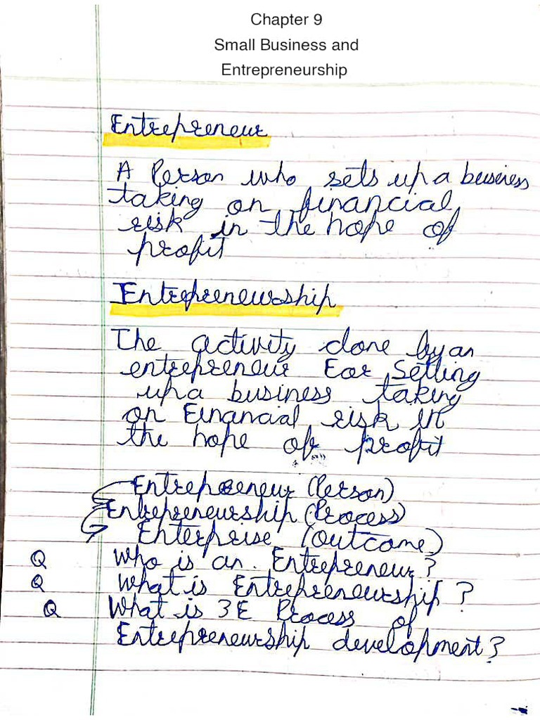 Small Business and Entrepreneurship Class 11 BST Handwritten Notes | PDF