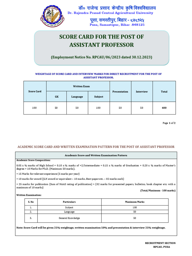 Score Card and Written Exam Pattern For The Post of Assistant Professor ...