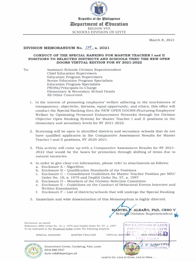 DM No. 139, S. 2021 - Conduct of The Special Ranking For Master Teacher ...
