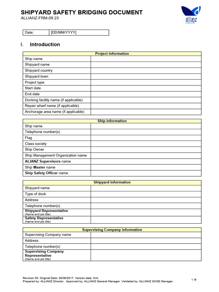 ALLIANZ-FRM-09.23 Shipyard Safety Bridging Document | PDF | Safety