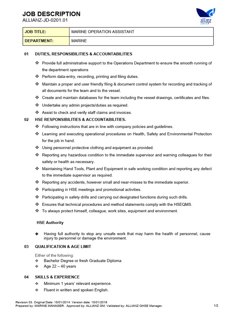 ALLIANZ-JD-0201.01 Job Description - Marine Operation Assistant | PDF ...