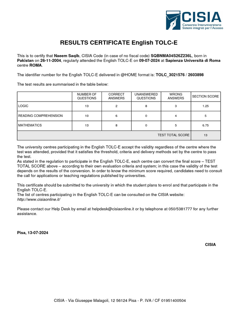 Results Certificate Tolc 3021576 | PDF