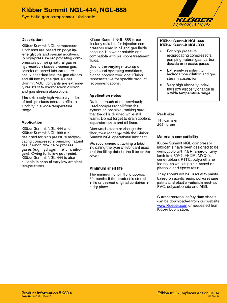 KLUBER SUMMIT NGL 888 Synthetic Gas Compressor Lubricants-For High Pr ...