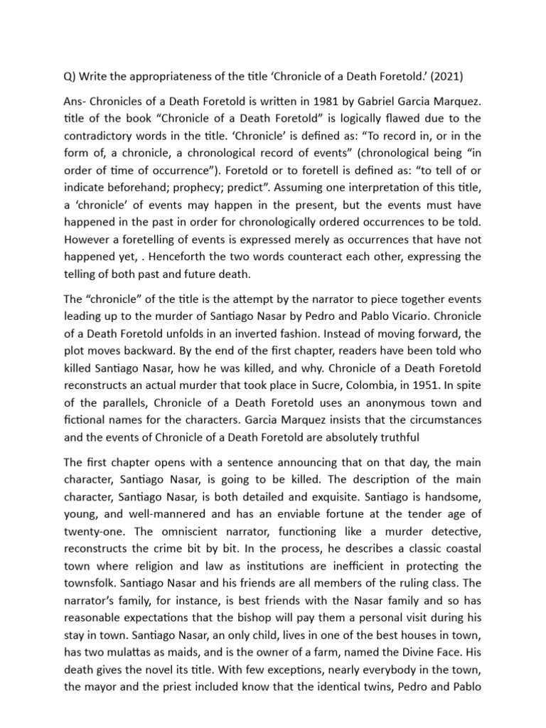 Chronicle of A Death Foretold. Title Q4 | PDF
