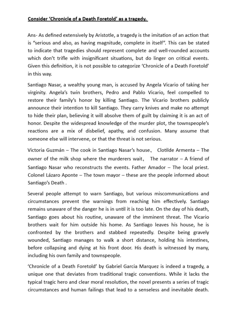 Chronicle of A Death Foretold Q2 | PDF