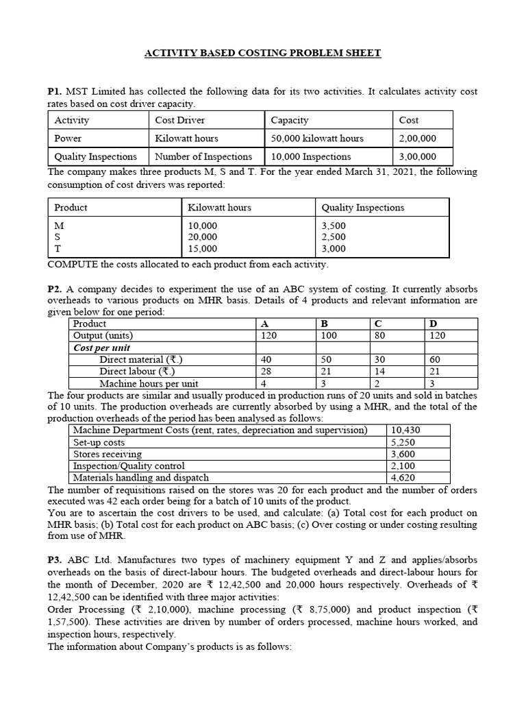 Activity Based Costing Problem Sheet | PDF | Business Economics | Economies
