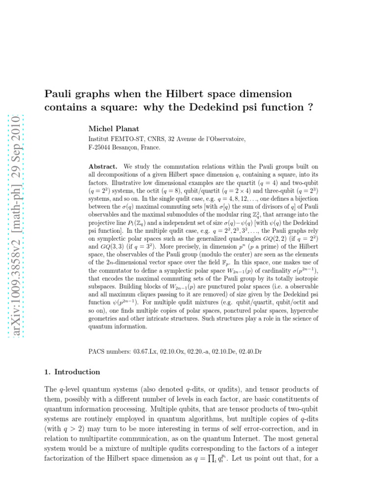 Michel Planat - Pauli Graphs When The Hilbert Space Dimension Contains A Square: Why The ...