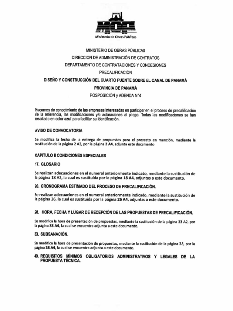Posposicion y Adenda 4 - Precalificación Cuarto Puente Sobre El Canal ...