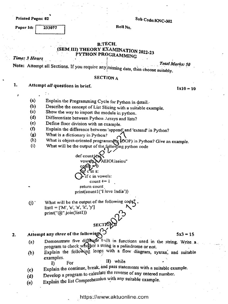 Btech 3 Sem Python Programming KNC 302 2023 | PDF