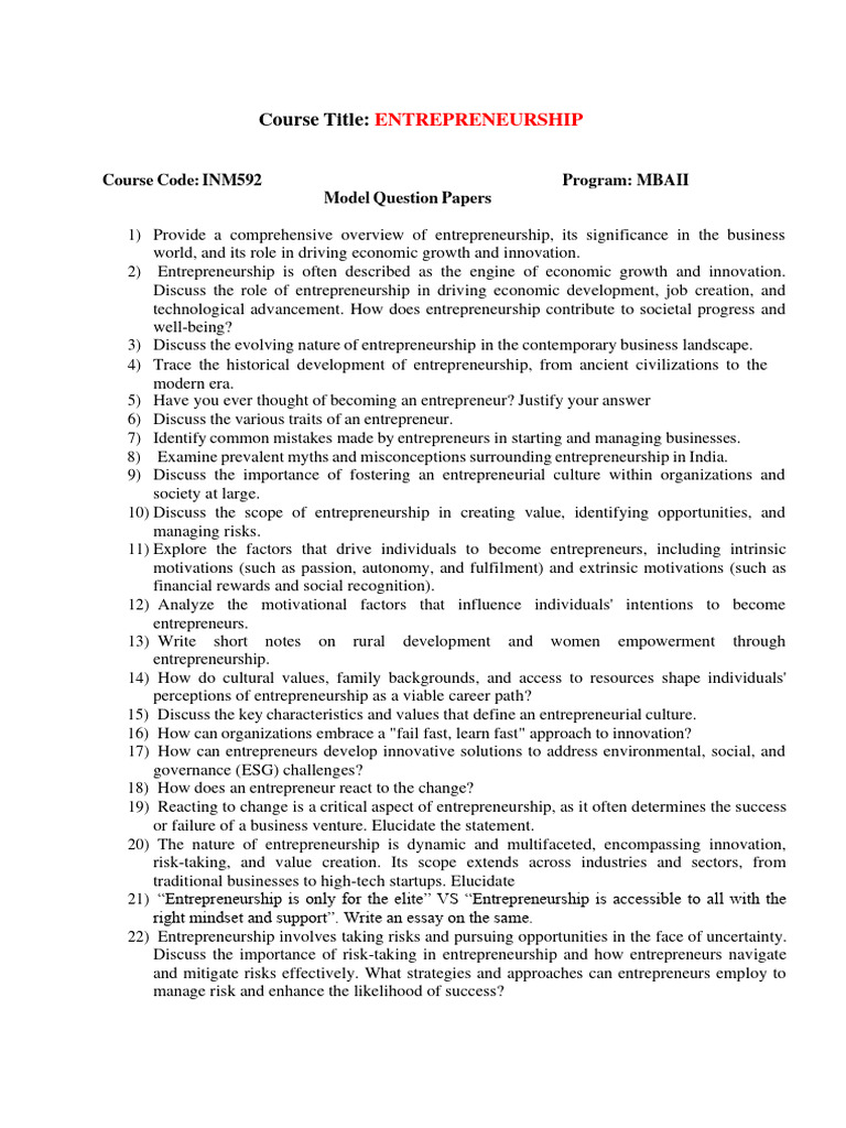 Entrepreneurship Mba Ii Questions | PDF | Entrepreneurship | Creativity