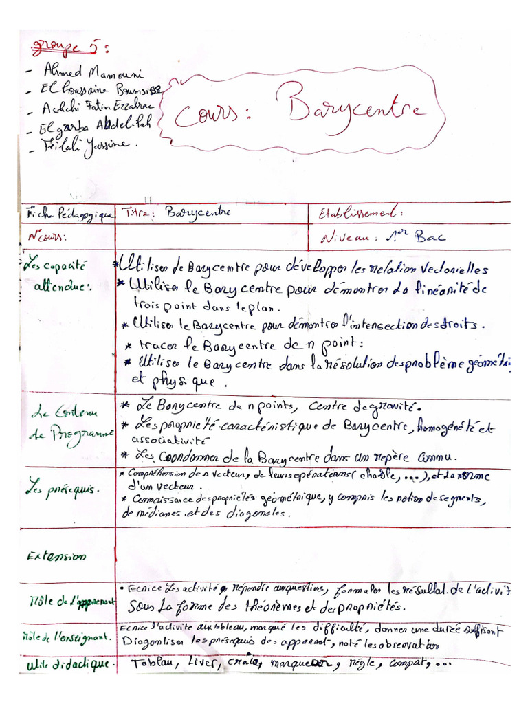 Fiche Pédagogique de Barycentre 1er Bac. Réalisé Par Le Groupe 5 | PDF