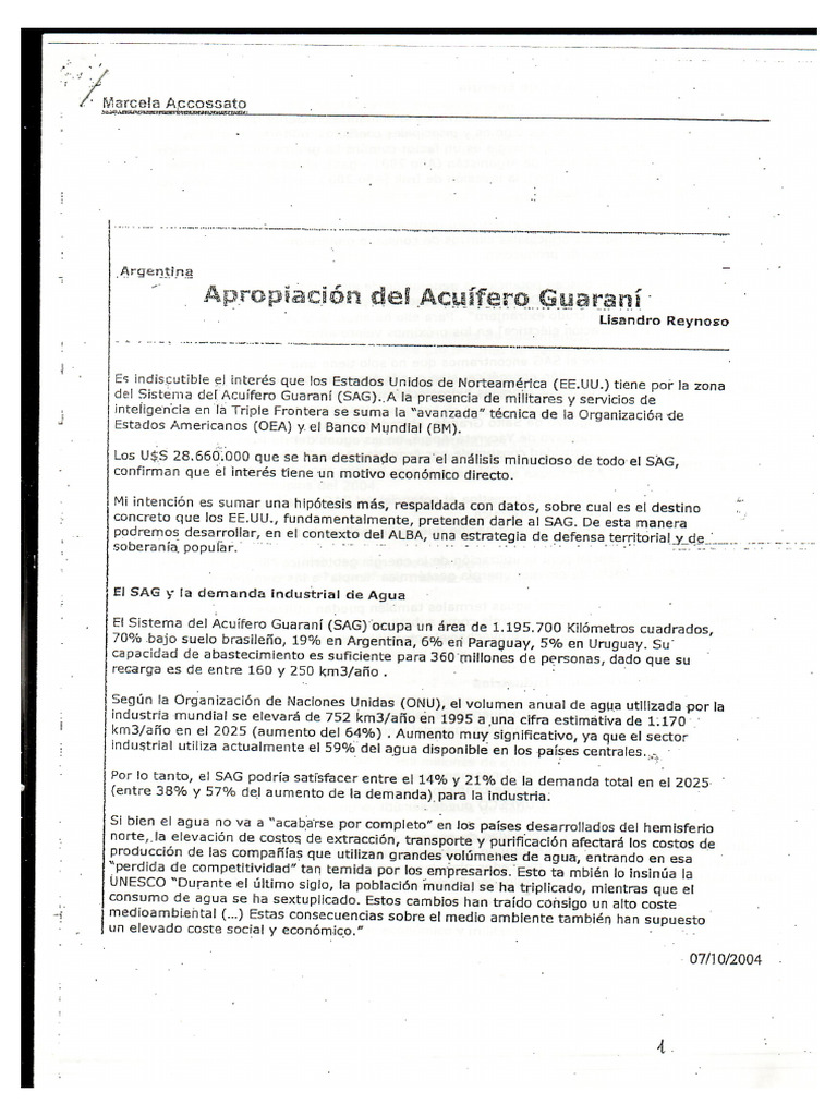 ACUIFERO GUARANI-Apropiación Del Acuífero Guaraní REYNOSO | PDF