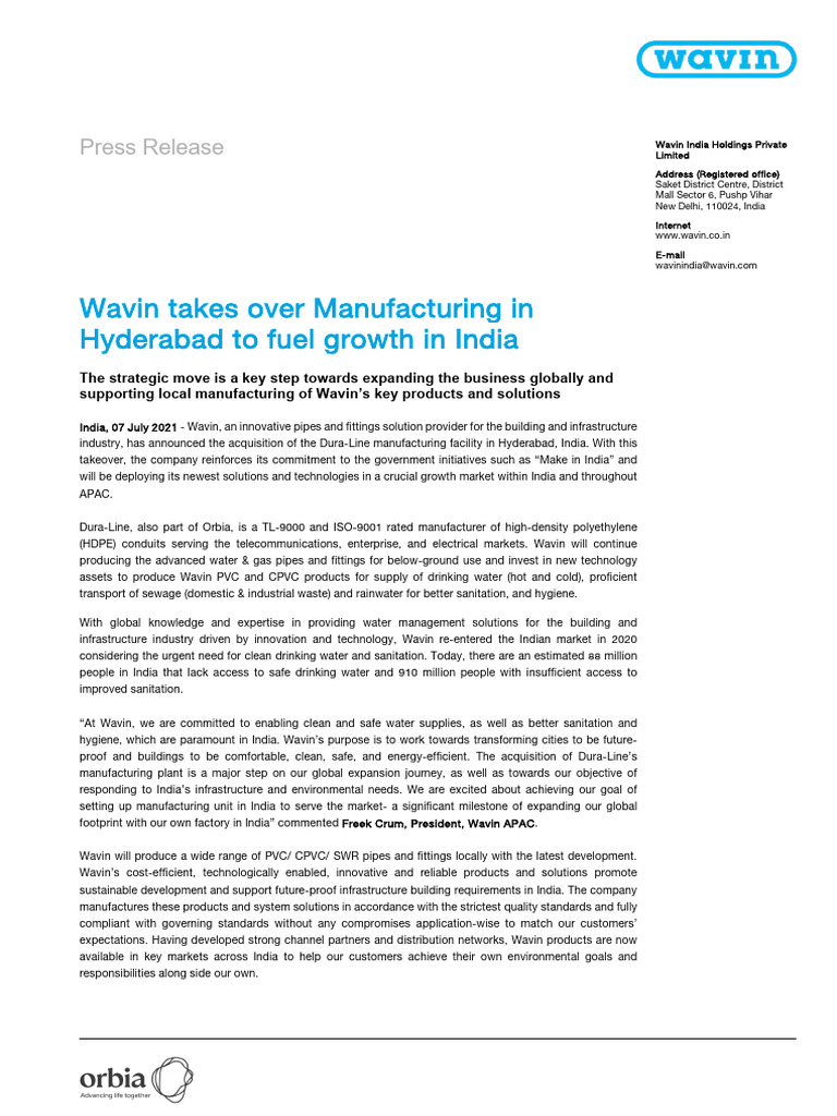 Wavin India Hyderabad Press Release | PDF | Sanitation | Infrastructure