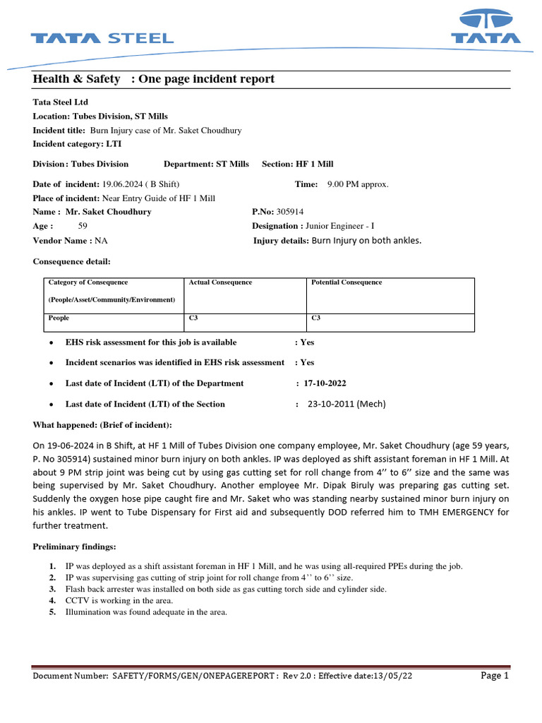 LTI of a Company Employee | Download Free PDF | Hazards | Occupational ...