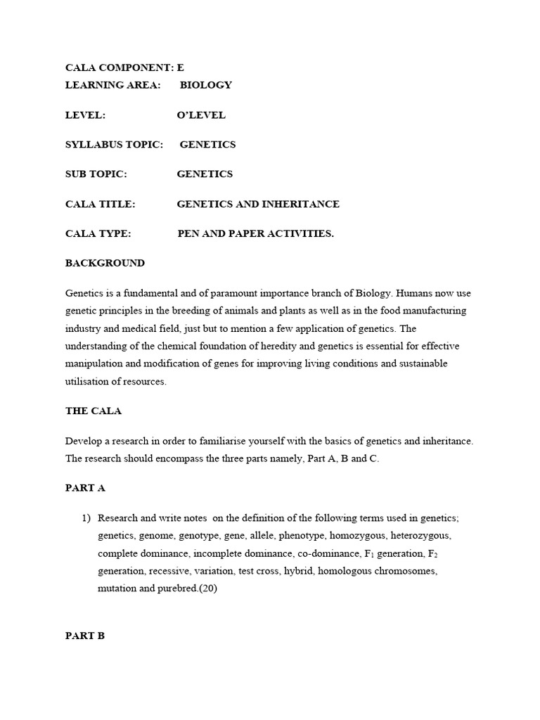 Cala Component e 4 Gold 1 Biology Learner Guide | PDF | Dominance (Genetics) | Genetics