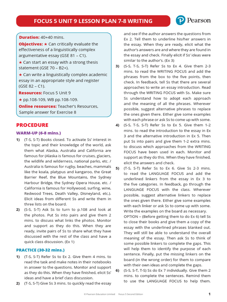 Focus5 2E LessonPlans U09 Lesson7 8 Writing | PDF | Essays | Cognition