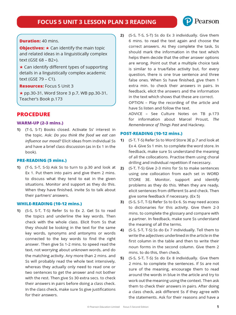 Focus5 2E LessonPlans U03 Lesson3 Reading | PDF | Linguistics | Cognition