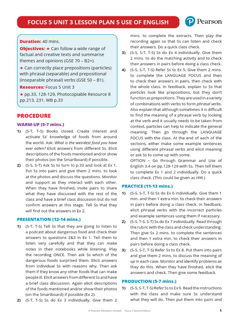 Focus5 2E LessonPlans U03 Lesson5 Use of English | PDF | Preposition And Postposition | English ...
