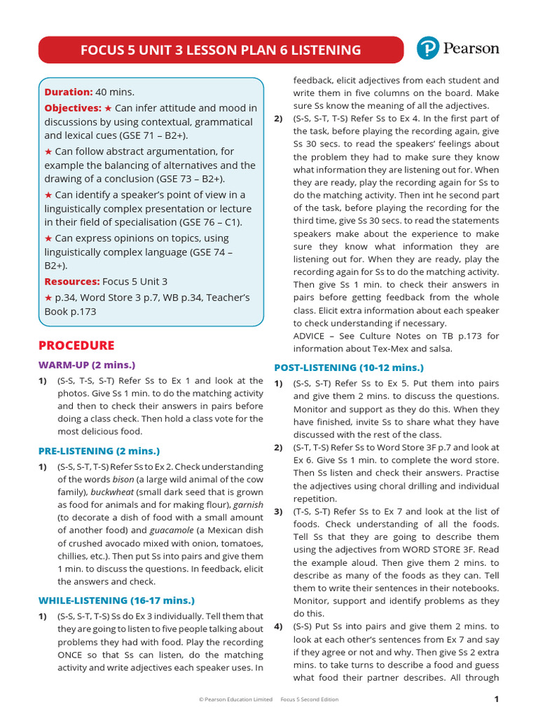 Focus5 2E LessonPlans U03 Lesson6 Listening | PDF | Linguistics | Cognition