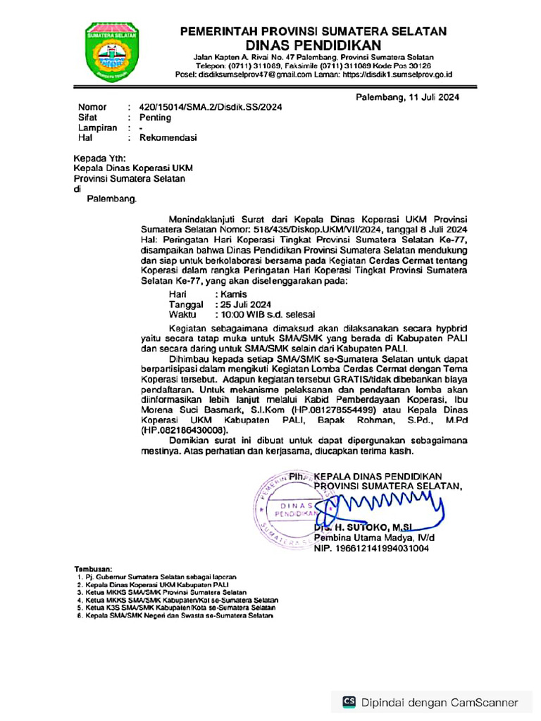 Surat Disdik Harkop Prov 77 | PDF