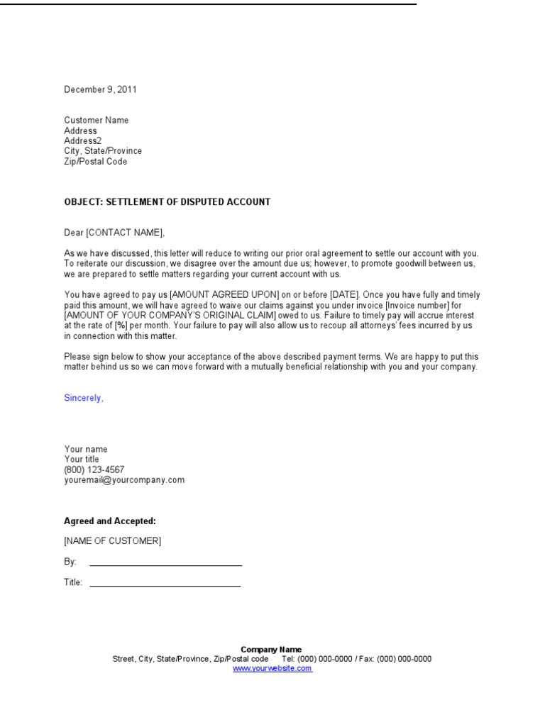 Settlement of Disputed Account Agreement | PDF | Law